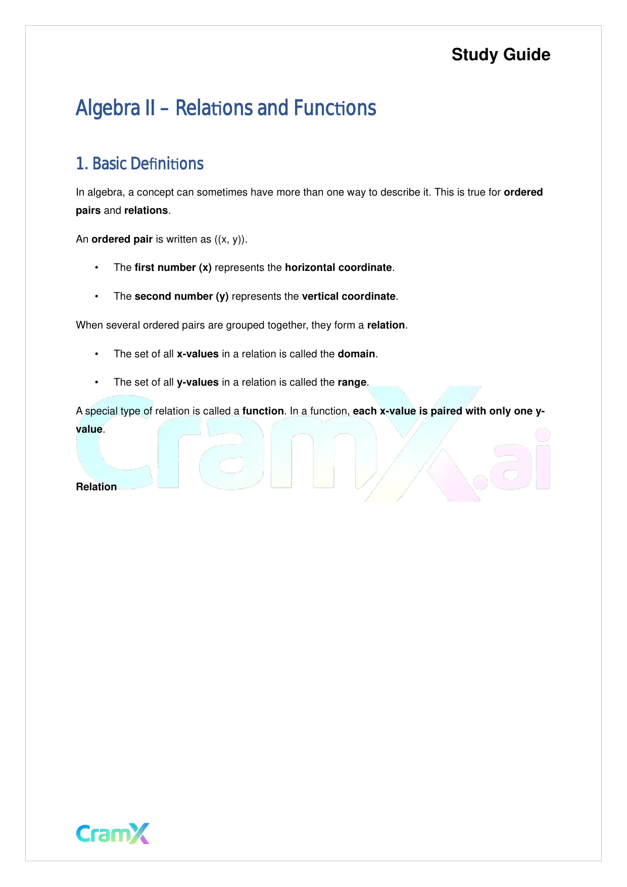 Algebra II - Relations and Functions - Quick Guides | Mathematics | CramX