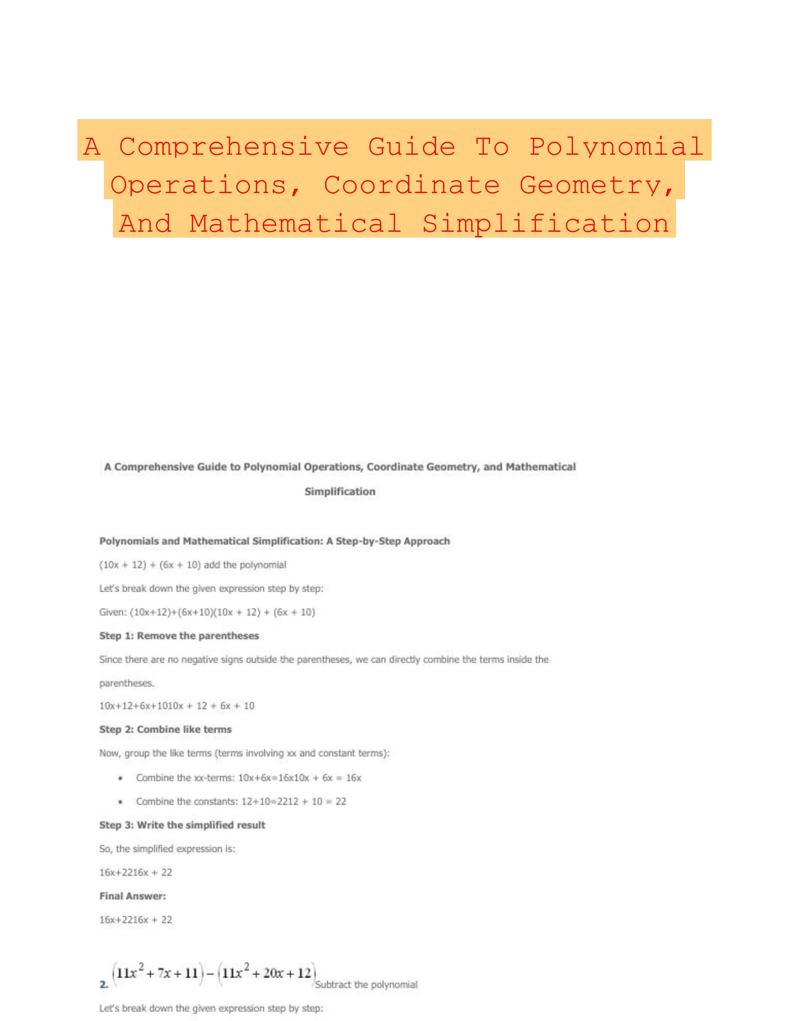 A Comprehensive Guide To Polynomial Operations, Coordinate Geometry ...