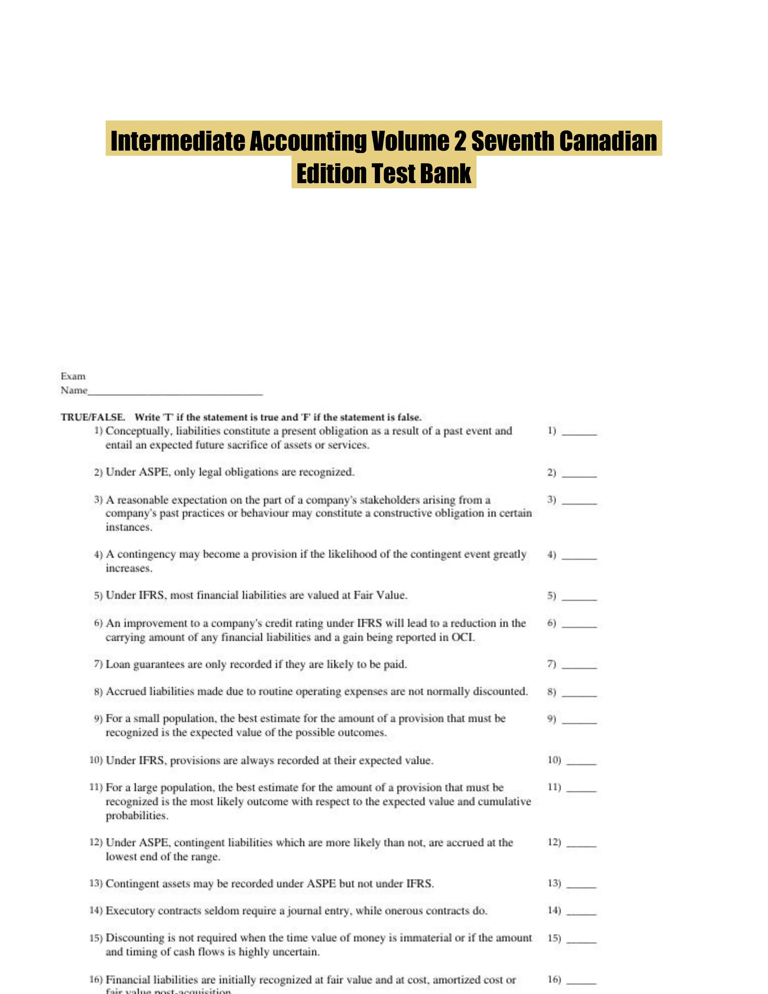 Intermediate Accounting Volume 2 Seventh Canadian Edition Test Bank ...