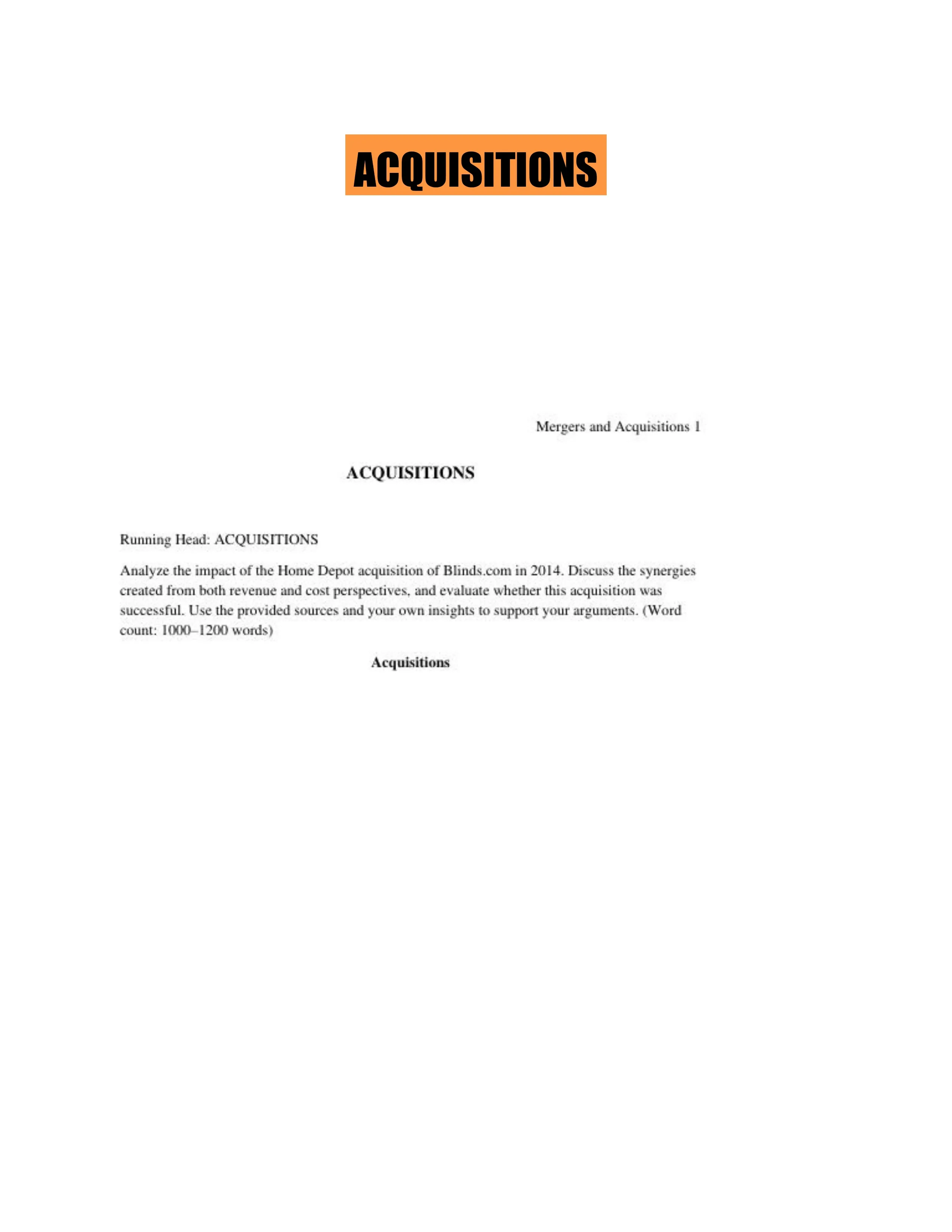 ACQUISITIONS - Solved Assignments | Business Management | CramX