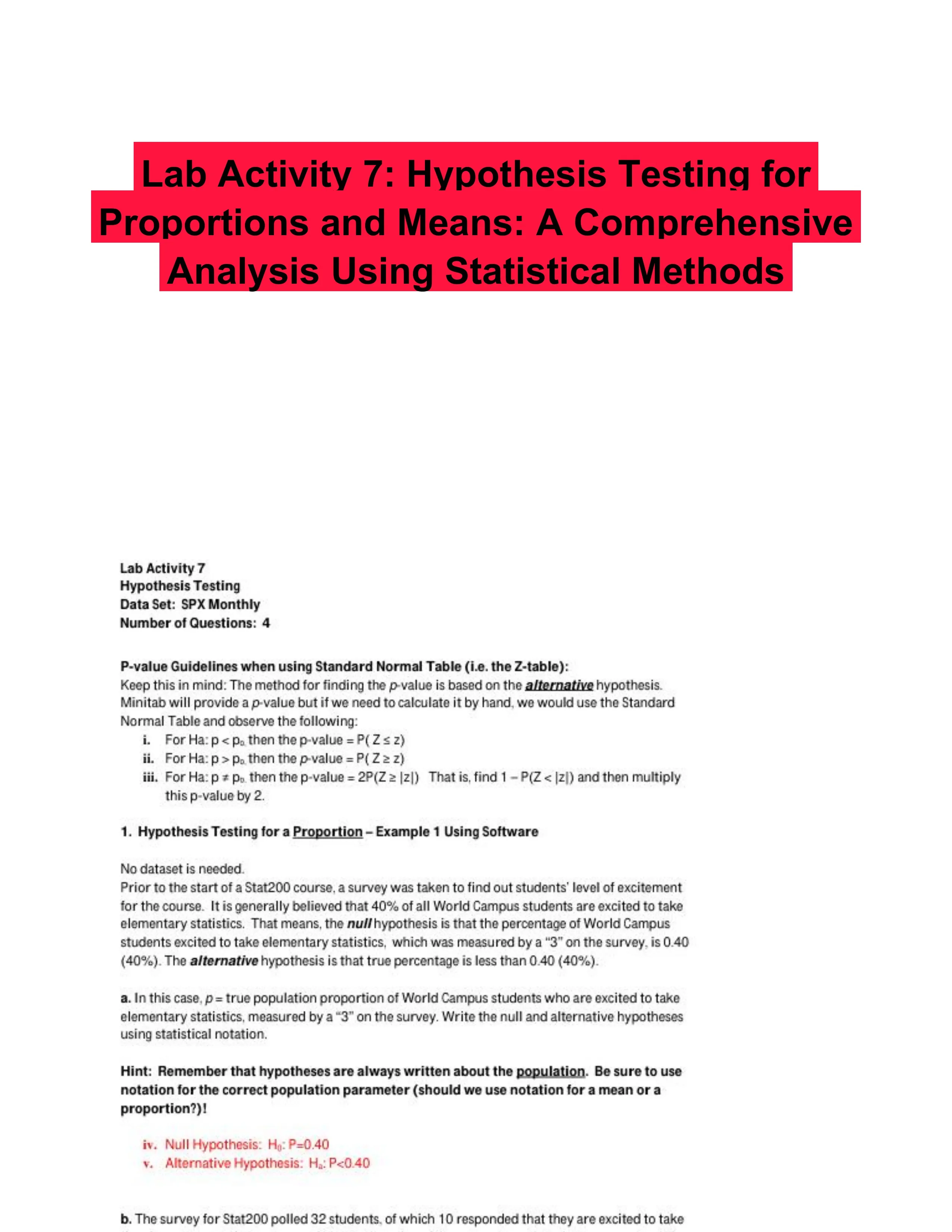 Lab Activity 7: Hypothesis Testing for Proportions and Means: A ...