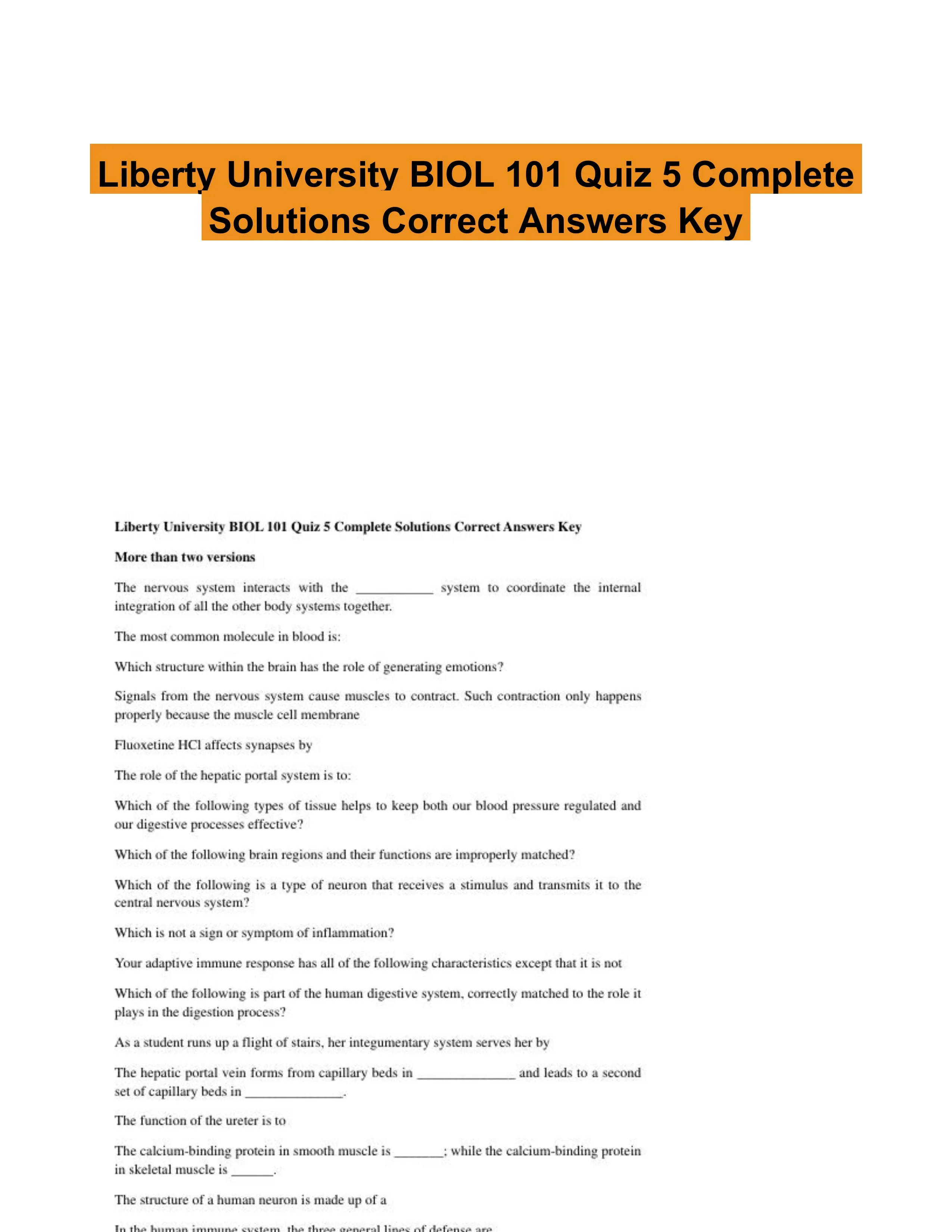 Liberty University BIOL 101 Quiz 5 Complete Solutions Correct Answers ...