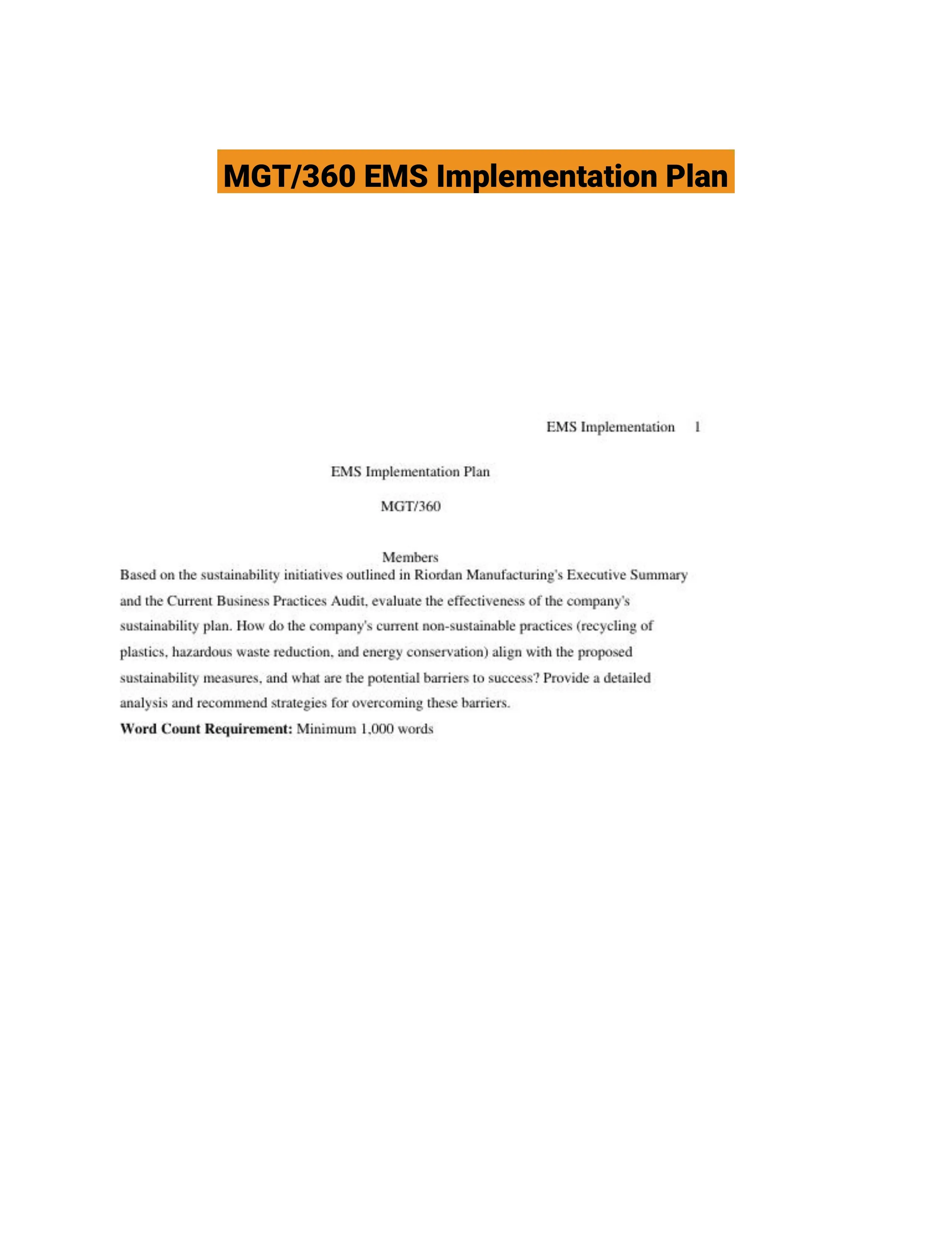 MGT/360 EMS Implementation Plan - Solved Assignments | Business ...