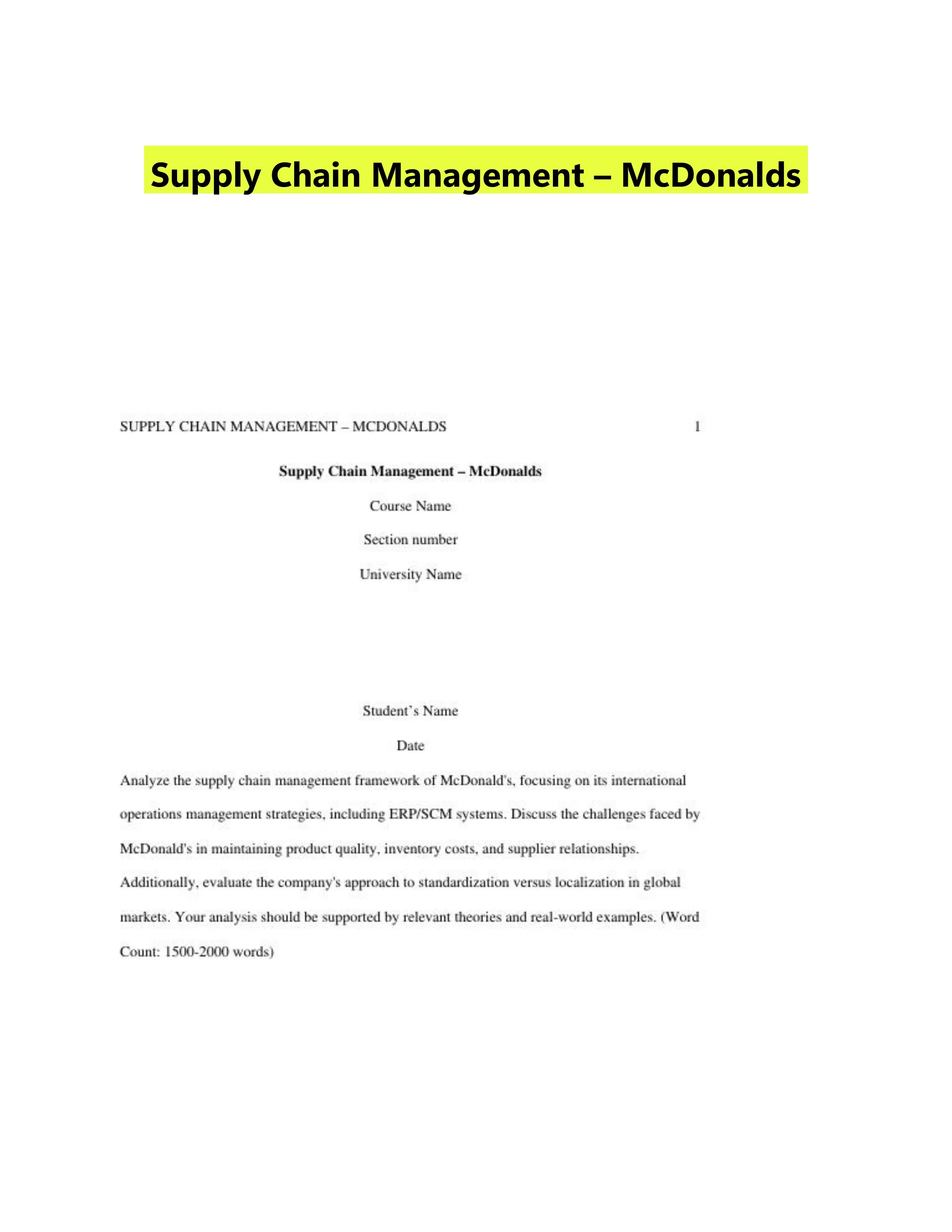 Supply Chain Management McDonalds - Solved Assignments | Business Management | CramX
