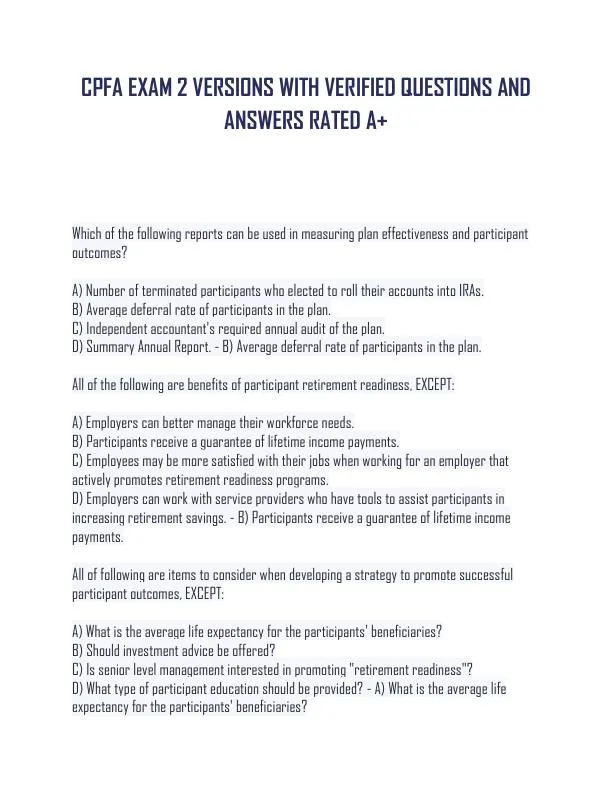 CPFA Management Version 1 Practice Exam With Answers (72 Solved ...
