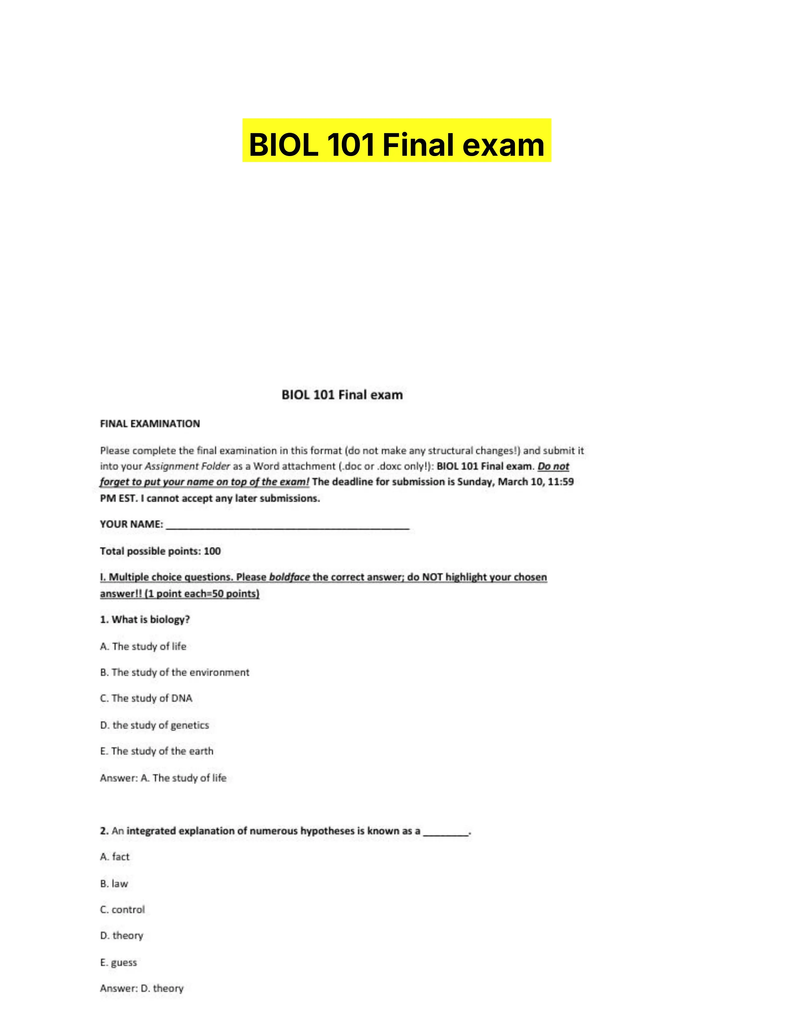 BIOL 101 Final exam - Solved Assignments | Biology | CramX